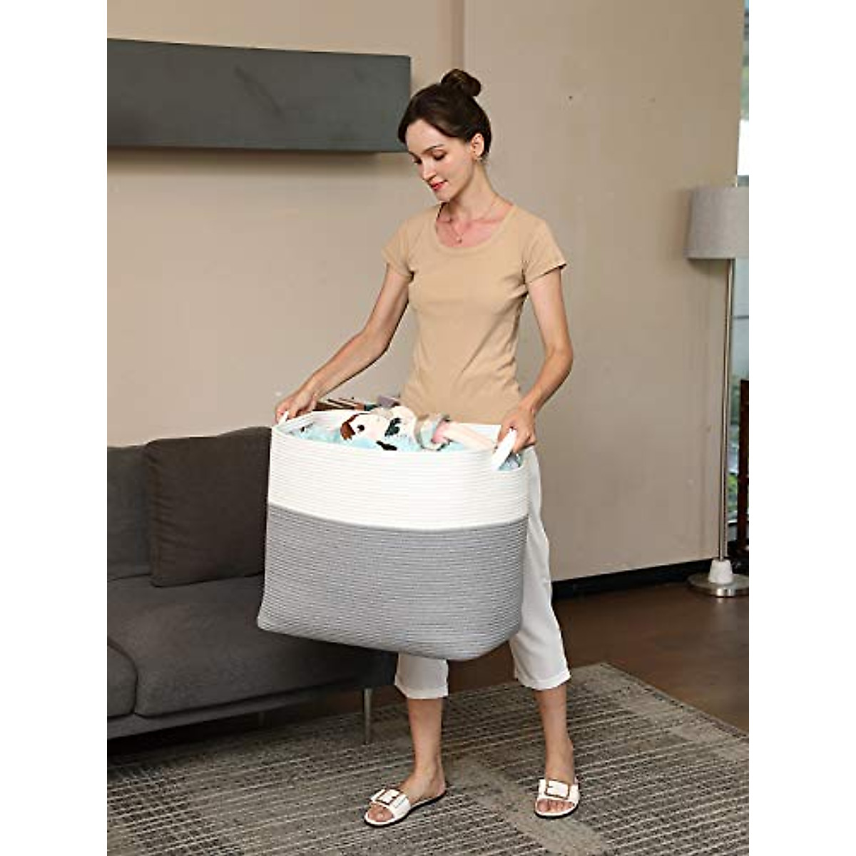 22"x14"x18" Mega Size Rectangular Extra Large Storage Basket, Cotton Rope Storage Baskets, Woven Laundry Hamper, Toy Storage Bin, for Toys Blanket in Living Room, Baby Nursery, Grey