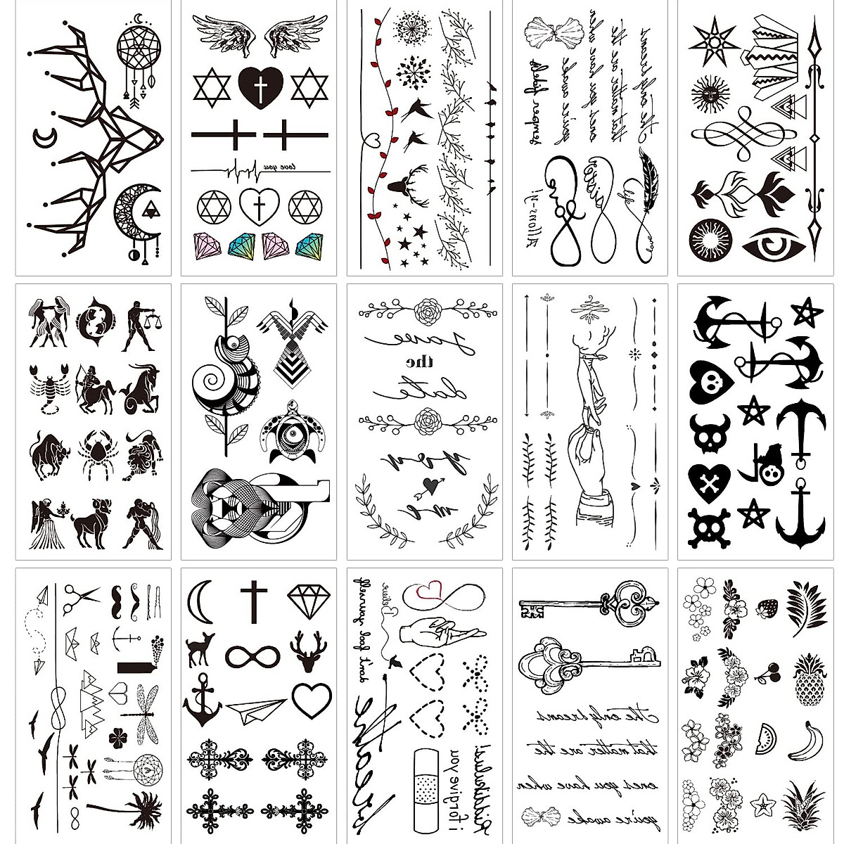 Glaryyears Fake Tiny Temporary Tattoo, 20 Pack Black Sketch Ink Line Small Tattoos Stickers, Various Styles for Fun Party Supplies Vacation on Body Face Hand Wrist