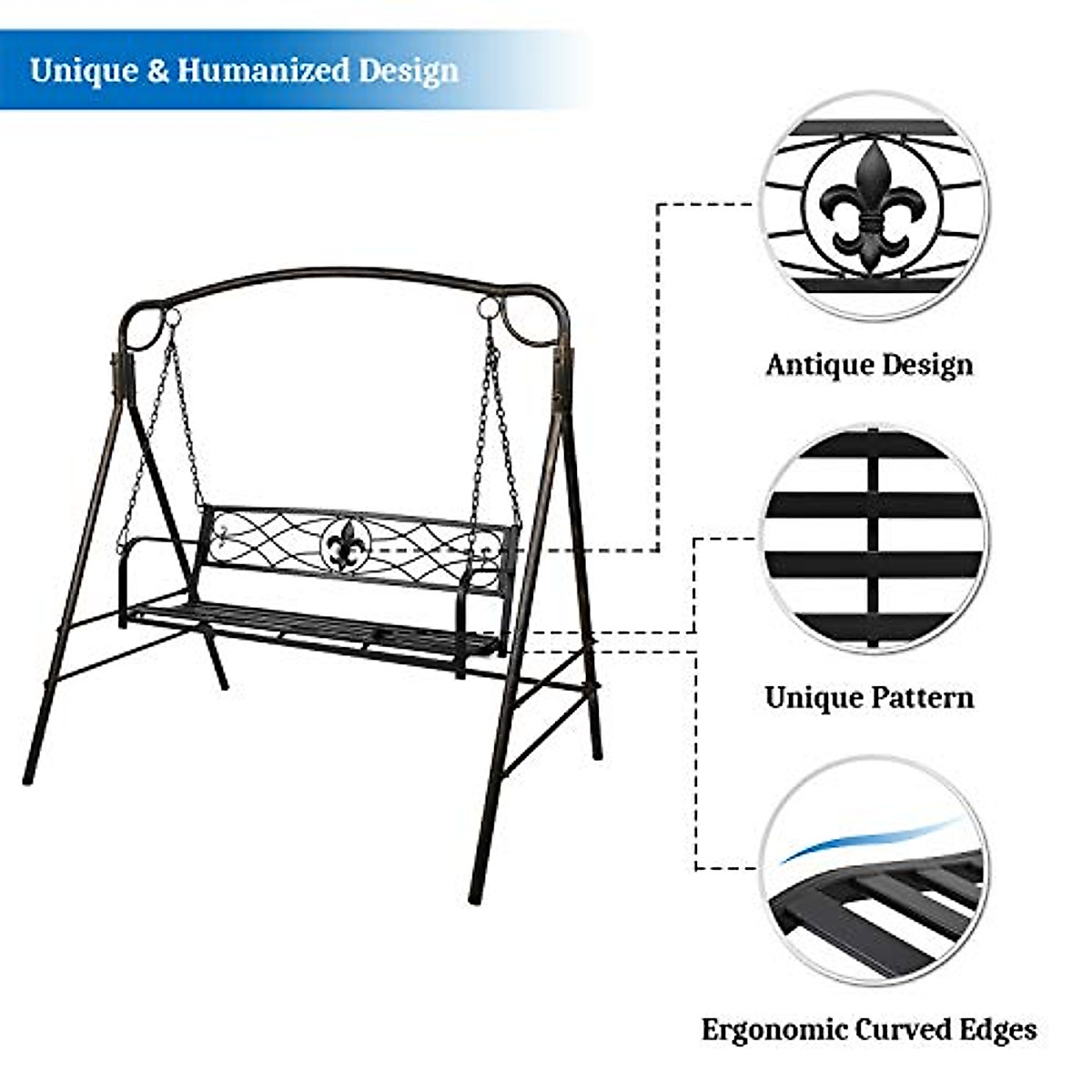 VINGLI Upgraded Metal Patio Porch Swing with A-Frame Stand, Powder Coated Steel Swing Seat Bench and Frame with Extra Side Bars, Heavy Duty 660 LBS Hanging Swing Set for Outdoor (Black)