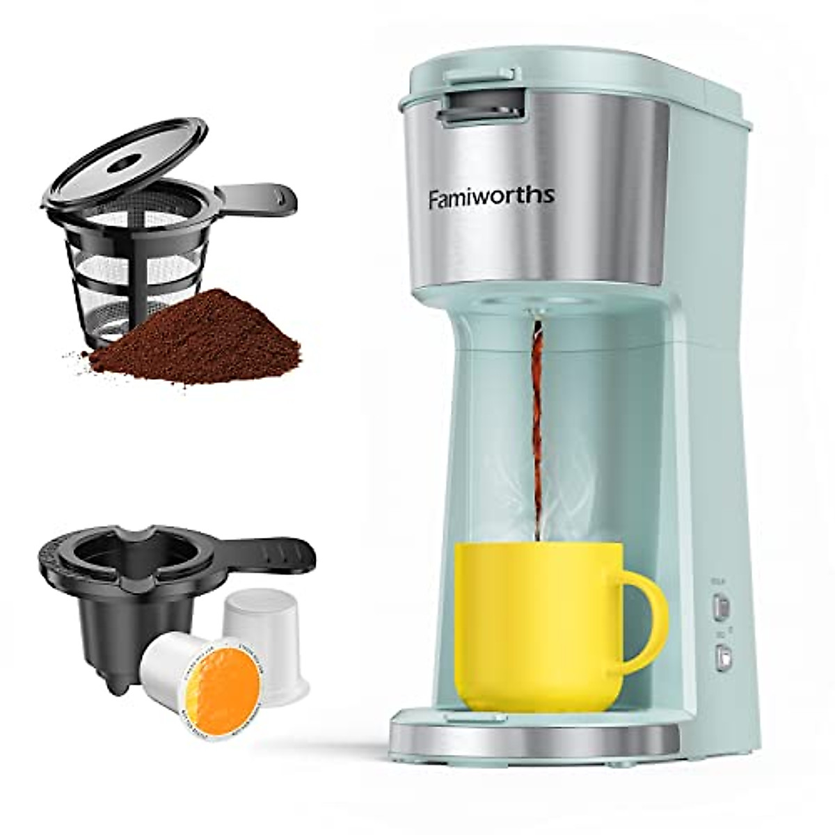 Famiworths Single Serve Coffee Maker for K Cup & Ground Coffee, With Bold Brew, One Cup Coffee Maker, 6 to 14 oz. Brew Sizes, Fits Travel Mug, Oyster Green