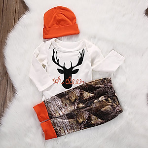 Shejingb Newborn Baby Boys Long Sleeve Letters Deer Romper Bodysuit Tops Camo Pants with Hat 3 Pcs Outfit Clothes Set (0-3 Months, Orange)