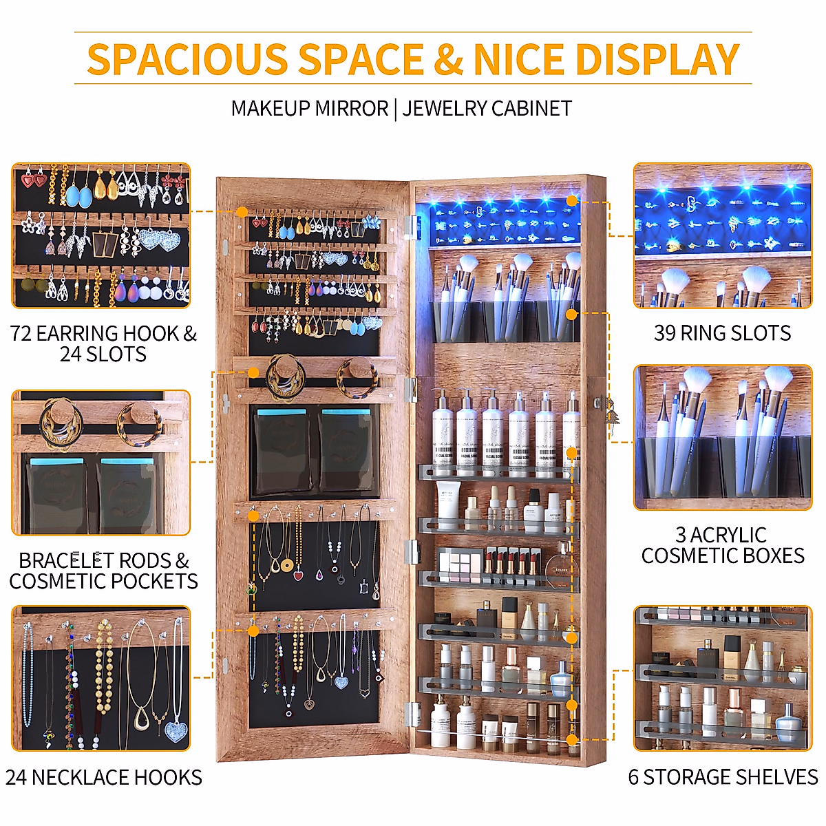 LVSOMT LED Wall/Door Mounted Jewelry Cabinet Armoire, Full Length Mirror with Lights, Lockable Storage Organizer, Over the Door Hanging Dressing Body Mirror (Wood)