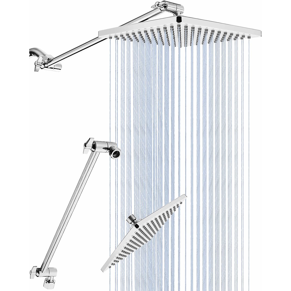 8'' Rain Shower Head with 15'' Extension Arm- 𝟮 𝗳𝗼𝗿 𝟭 𝗖𝗼𝗺𝗯𝗼 Large Surface Fixed Square Shower Head- Extra Long Adjustable Shower Head Extension Arm- Singing Rain Ultimate Shower Experience