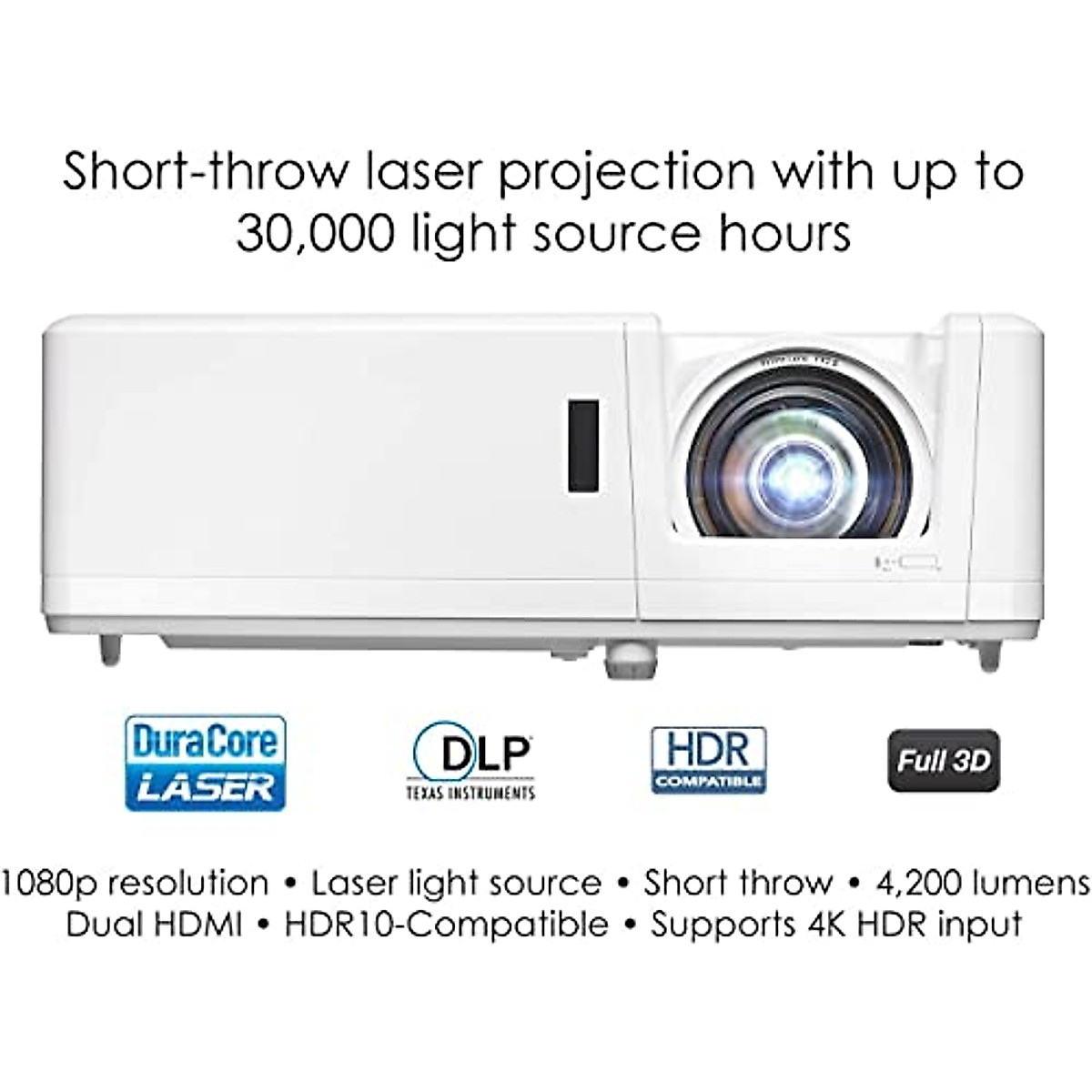 Optoma GT1090HDRx Short Throw Laser Home Theater Projector | 4K HDR Input | Reliable Lamp-Free Operation 30,000 Hours | Bright 4,200 Lumens for Day and Night Viewing