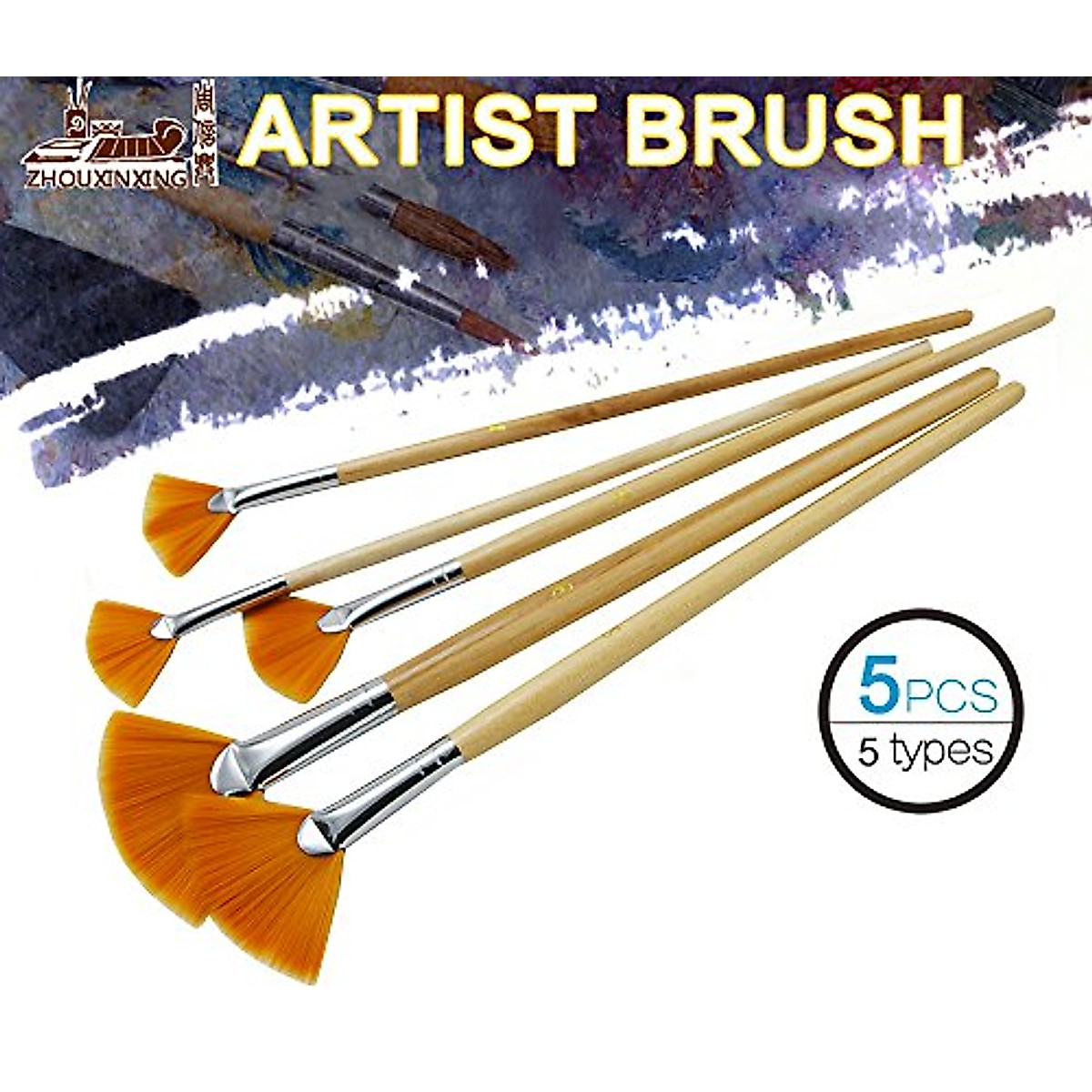 JOWOART 5Pcs/Set,Fan-Shaped Nylon Hair Short Wood Rod Brush Painting Drawing Supplies