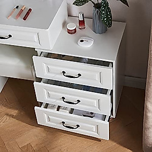 Vanity Set Dressing Table with Makeup Mirror & 10 Light Bulbs, White Vanity Table with Drawers & Cushioned Stool for Bedroom Modern (H1951)