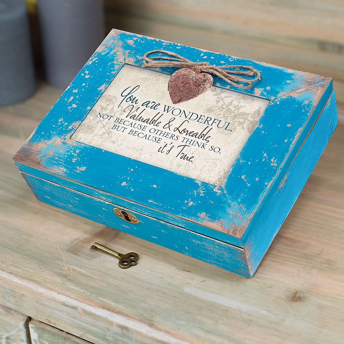 Cottage Garden You are Wonderful Valuable Lovable Teal Distressed Jewelry Music Box Plays You Light Up My Life