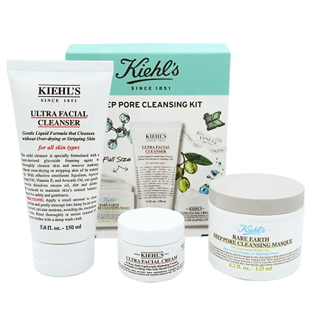 Kiehl's Deep Pore Cleansing Kit:: Ultra Facial Cleanser Wash, Deep Pore Cleansing Mask, Ultra Facial Cream - Face Skin Care Routine Set for Oily, Dull, Acne Prone Skin