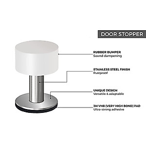 Door Stoppers with Extra Stickers, Self-Adhesive Door Stop with White Rubber & Stainless Steel Body - Sound Dampening Door Bumpers for Home & Office, Door stoppers for Bottom of Door (Medium-2.56inch)