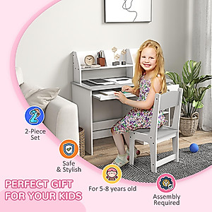 Qaba Kids Desk and Chair Set with Storage, Study Desk with Chair for Children 5-8 Years Old, Gray