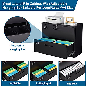 PEUKC 2 Drawer File Cabinet, Lateral Filing Cabinets for Home Office, Office Storage Drawers with Lock, Hanging Files Legal/Letter A4 Size (Assemble Required,Black)