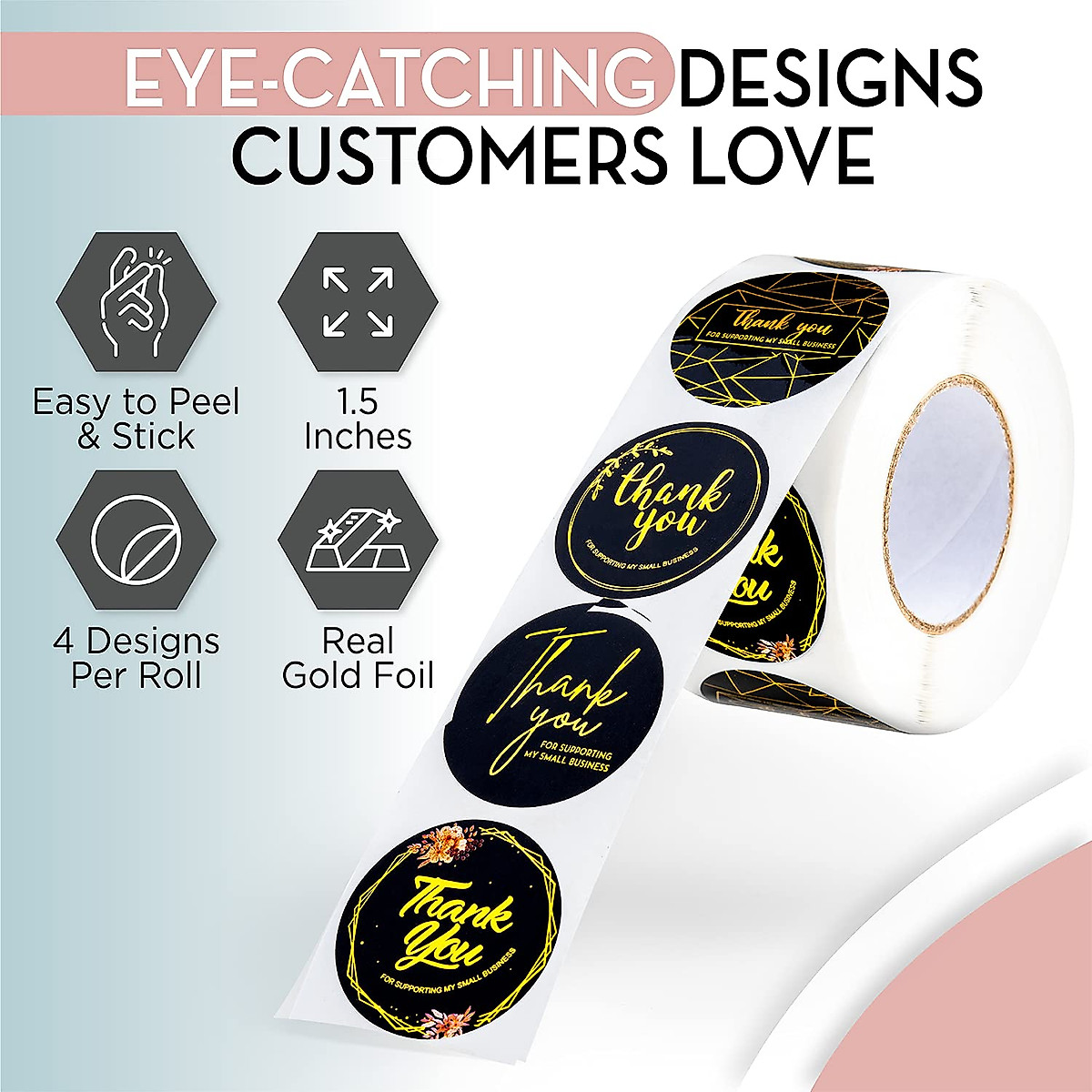 Peachy + Peony - 1.5 Inch Thank You Stickers Small Business - 500 Waterproof Gold Foil Thank You Labels for Packaging, Mailers, Etsy, Bakery – Thank You for Supporting My Small Business Stickers Roll