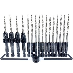 FTG USA Countersink Drill Bit Set 4 Piece Same Size #6 (9/64") Countersink Drill Bit with 12 Replacement Tapered Countersink Bits #6 (9/64") 1 Depth Stop Collar, 2 Hex Wrench