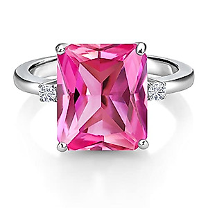 Gem Stone King 925 Sterling Silver Customized and Personalized Emerald Cut and Round Gemstone Birthstone 3-Stone Name Engraved Ring For Women (Size 7)