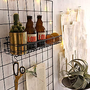ANZOME Wire Wall Basket, Grid Basket with Hooks, Wall Mounted Organizer for Wall Grid, Kitchen Organizer, Wire Storage Shelf Rack for Home Supplies, Wall Decoration(Black)