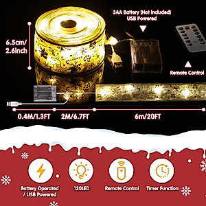 Lecone Christmas Tree Decorations, 2 Pack Christmas Ribbon Lights 40Ft 120 LED Copper Wire Fairy Lights with 8 Modes & Timer, USB or Battery Operated Christmas Lights for Tree Indoor (Warm Light)