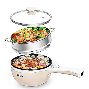 Dezin Hot Pot Electric with Steamer Upgraded, Non-Stick Sauté Pan, Rapid Noodles Electric Pot, 1.5L Mini Pot for Steak, Egg, Fried Rice, Ramen, Oatmeal, Soup with Power Adjustment (Egg Rack Included)