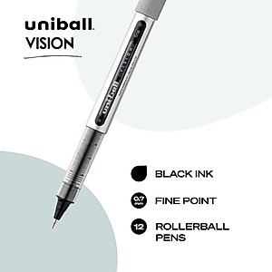 uni-ball Vision Rollerball Pens Fine Point, 0.7mm, Black, 12 Pack
