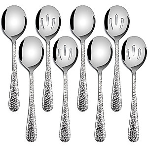 Hammered Serving Spoons, E-far 8-Piece Metal Serving Utensils Set - Solid Spoons x 4, Slotted Spoons x 4, Stainless Steel Hostess Serving Tablespoons Set for Catering Buffet Party Kitchen Restaurant