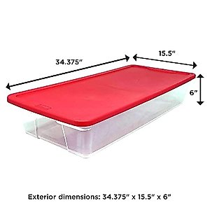 HOMZ Large 41 Quart Clear Plastic Under Bed See Through Stackable Storage Organizer Container with Red Snap Lock Lid (4 Pack)