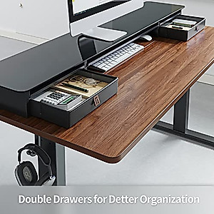 FEZIBO 55 x 24 Inch Height Adjustable Glass Electric Standing Desk with Double Drawer, Stand Up Desk with Storage Shelf, Sit Stand Desk, Black Walnut