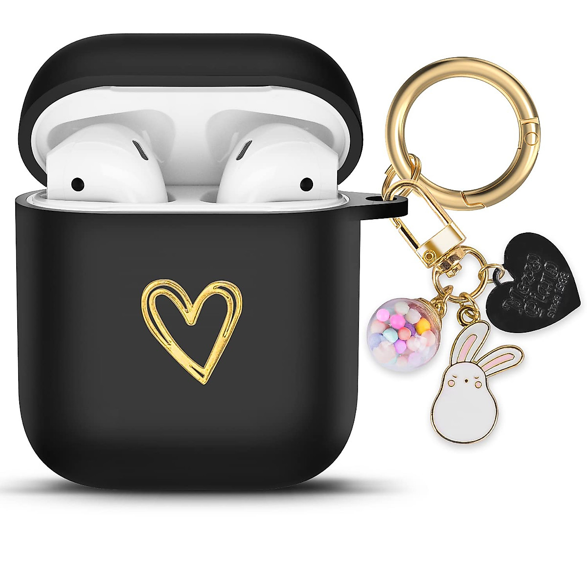 Aiiko Airpod Case with Gold Heart Cute Lucky Ball Keychain for Apple AirPods 2nd 1st Generation Charging Case Soft TPU Shockproof Cover Protective Air Pods Case for Girls Women-Black