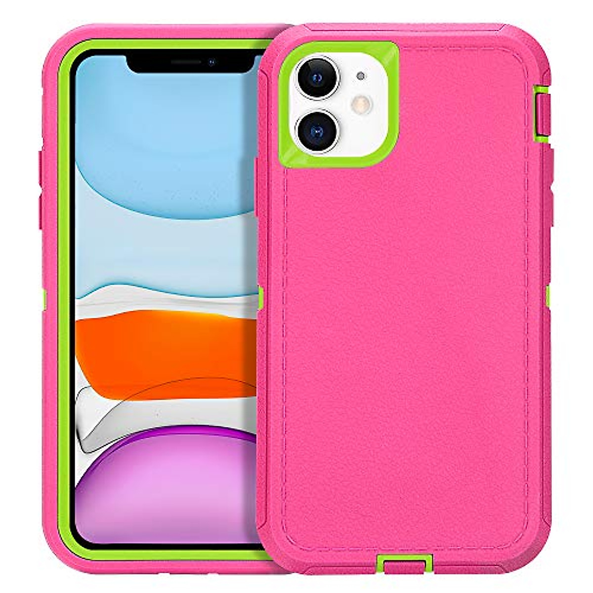 CAFEWICH iPhone 11 Case, Heavy Duty Shockproof 3-Layer Full Body Protective High Impact Tough Hybrid Rubber Rugged Durable Phone Cover for iPhone 11 6.1'' - Hot Pink Green