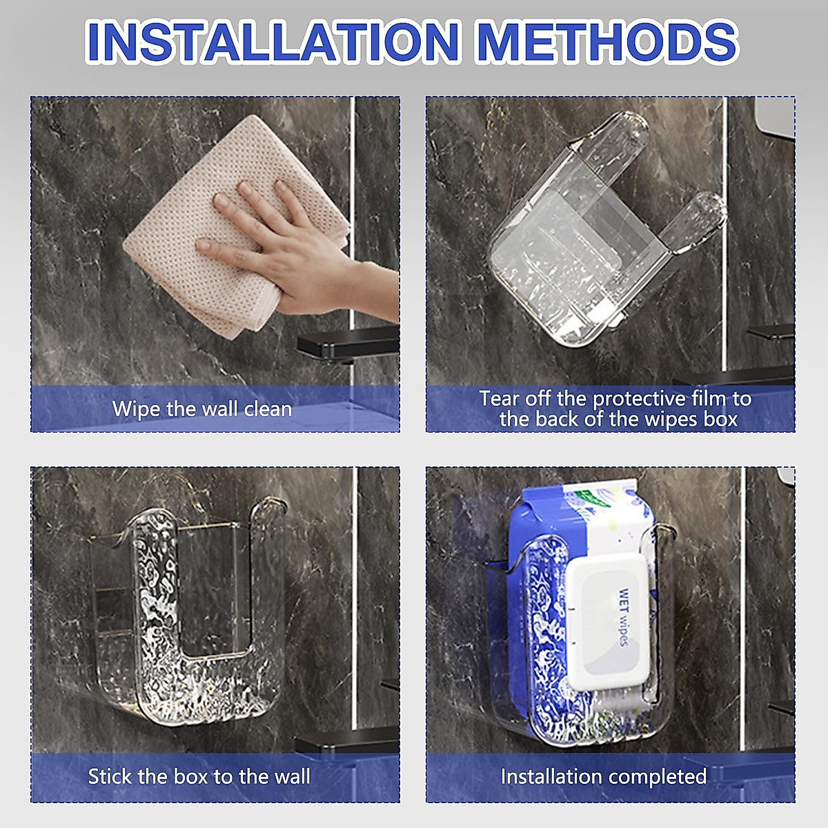 Kitchen Wipes Storage Box, Acrylic Wall Mounted Tissue Box Holder, 2024 New No Punching Wall-Mounted Tissue Holder for Bathroom, Flushable Wet Tissue Dispenser for Toilet Bathroom Home(White+Grey)