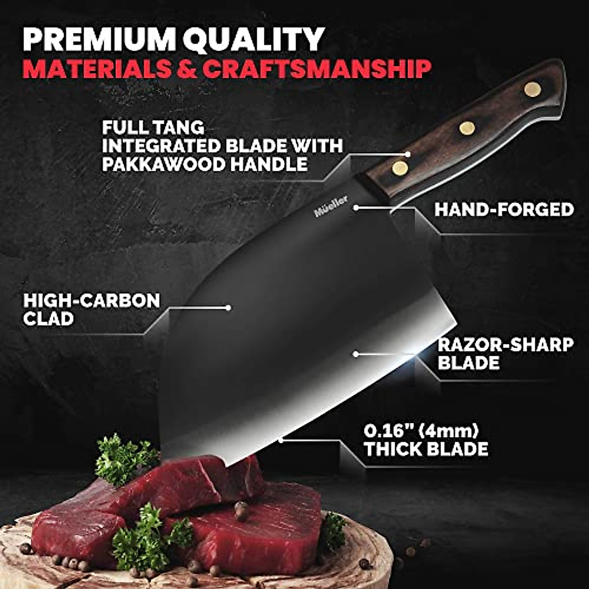 Mueller UltraForged Professional Meat Cleaver Knife 7" Handmade High-Carbon Clad Steel Serbian Chef Knife with Leather Sheath, Full Tang Pakkawood Handle, Multi-functional for Kitchen, Camping, BBQ
