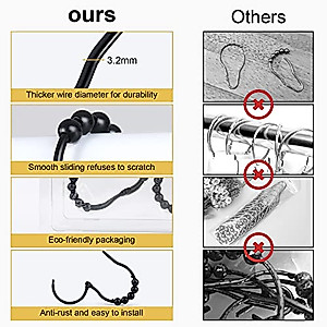 Shower Curtain Rings, SUTINE Shower Curtain Hooks, Wide Snap Shower Curtain Hooks Rust Proof, Anti-Fall Metal Shower Hooks for Shower Curtain, Glide Smoothly Shower Rings for Curtain, Black,12Pcs