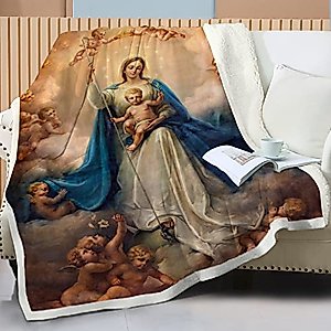 Bedmust Blue Virgin Angel Throw Blanket Virgin Maria Authentic Catholic Blankets Mother Blanket Flannel Fleece Throw Blanket (60x50 inches)
