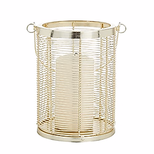 Deco 79 Metal Pillar Candle Lantern with Thin Metal Handle, 8" x 6" x 9", Gold
