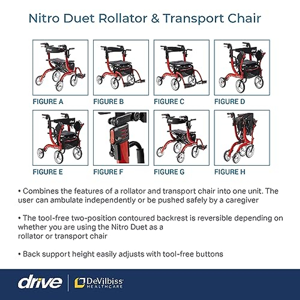 Drive Medical Nitro Dual Function Transport Wheelchair and Rollator Rolling Walker Combo with Hand Activated Brakes and Back Support, Red