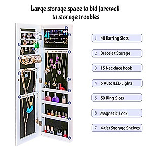 KEDLAN Mirror Jewelry Organizer, Wall/Door Mounted Jewelry Armoire with Full-Length Mirror,Hanging Jewelry Cabinet with LED Interior Lights, White