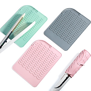 Zhehao 3 Pcs Silicone Heat Resistant Mat for Curling Irons Straightener Flat Iron Holder Travel Hair Iron Silicone Mat Pad for Hot Styling Tools, 8.6 x 6.2 Inch (Pink, Teal, Gray)
