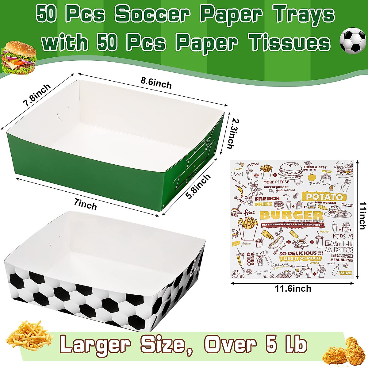50 Pack Soccer Party Favors 5 lb Paper Food Trays Large Soccer Paper Food Boats Disposable Serving Tray Snack Trays for Food, Condiment, Carnivals, Birthday, Party Decorations