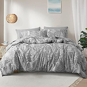 PHF Soft Printed Comforter Sets Queen-7 PCS Bed in A Bag Comforter & Sheet Set-Flowers Botanical Cozy Bedding Set Include Comforter, Pillow Shams, Flat Sheet, Fitted Sheet and Pillowcase, Grey