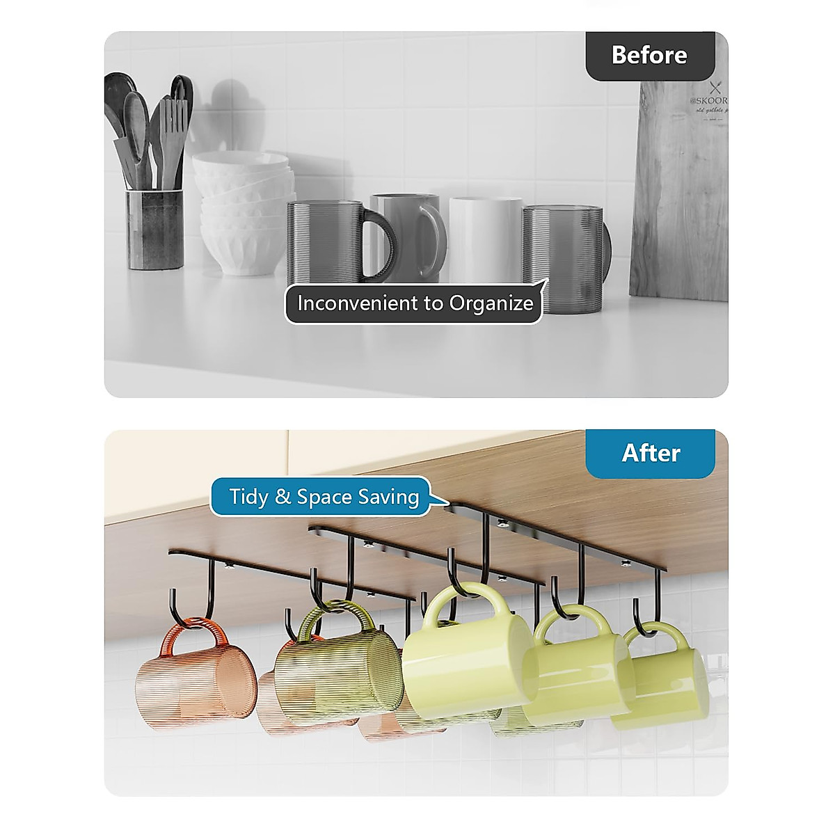 Luckinow 3 Pack Mug Hooks Under Cabinet, Coffee Mug Holder for Hanging Under Shelf, Coffee Cup with 9 Hooks for Displaying Mugs, Coffee Cups and Kitchen Utensils, Black