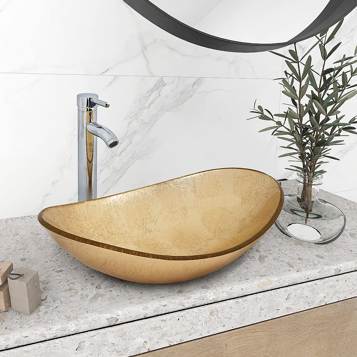 YOURLITE Bathroom Sink,Boat Shape Bathroom Glass Vessel Sink with Faucet and Pop-Up Drain Bowl Vessel Sinks for Bathrooms, Gold