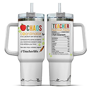 9SUNFLOWER Life Chaos Coordinator Teacher Nutrition Facts Insulated Cup, 40 Oz Tumbler With Handle, Lid and Straw