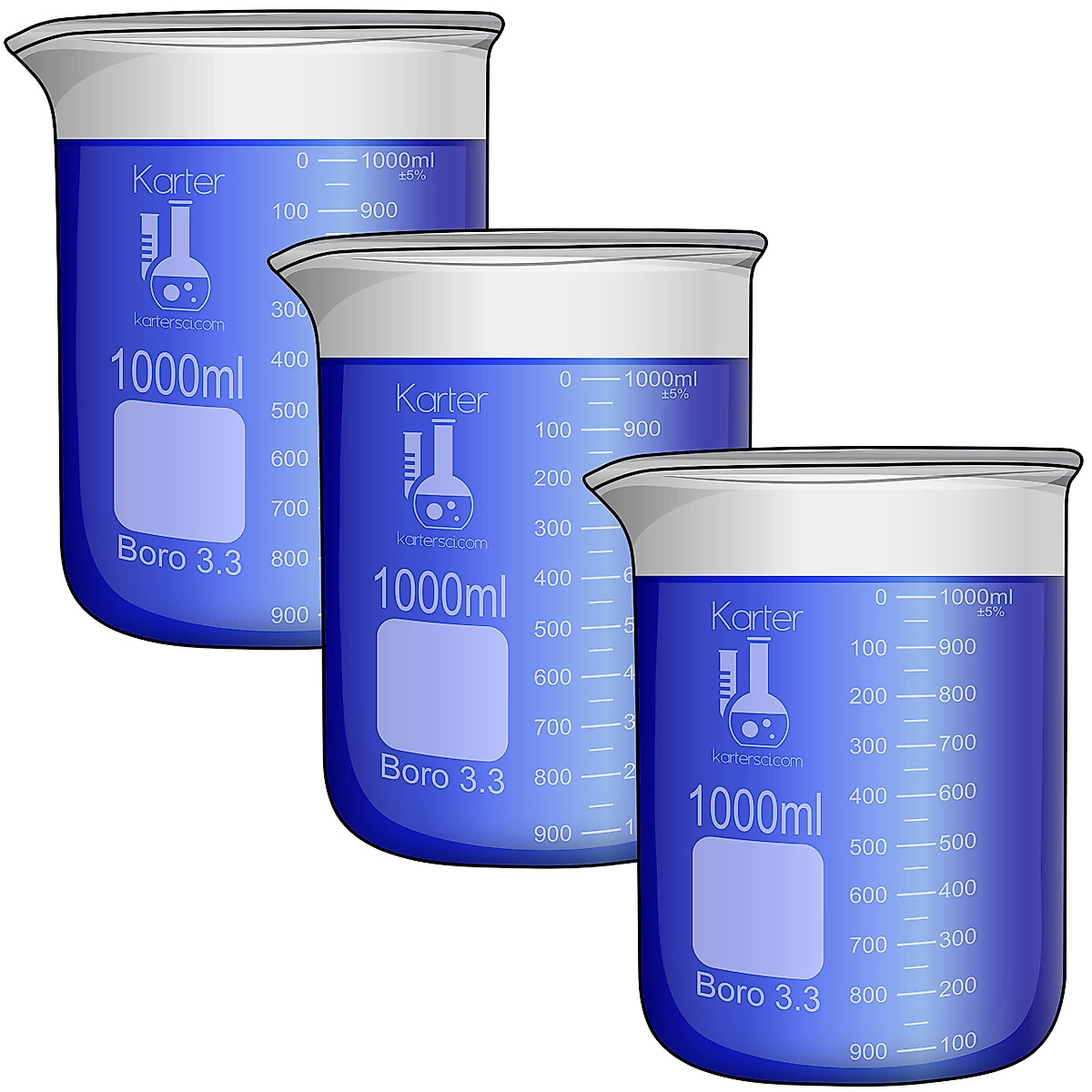 1000ml Griffin Borosilicate Glass Beaker - Low Form Graduated Measuring Beaker with Spout, Karter Scientific (Pack of 3)