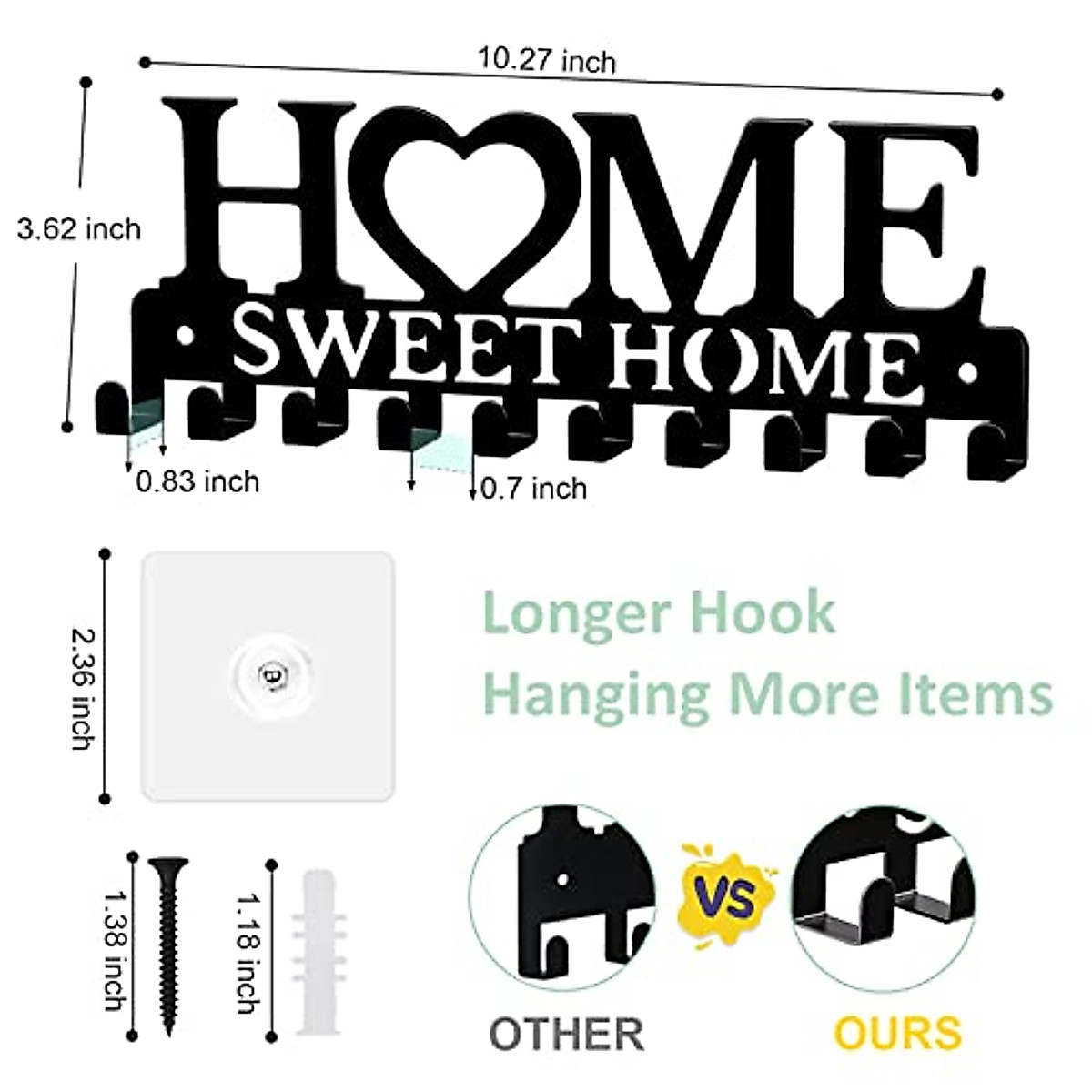 RELBRO Key Holder Wall Mounted, Black Metal Key Holder for Wall Decorative Home Key Rack Hooks Key Hanger with 10 Hooks for Entryway Doorway Hallway Office 2 Installation Ways 10.27'' x 3.62''