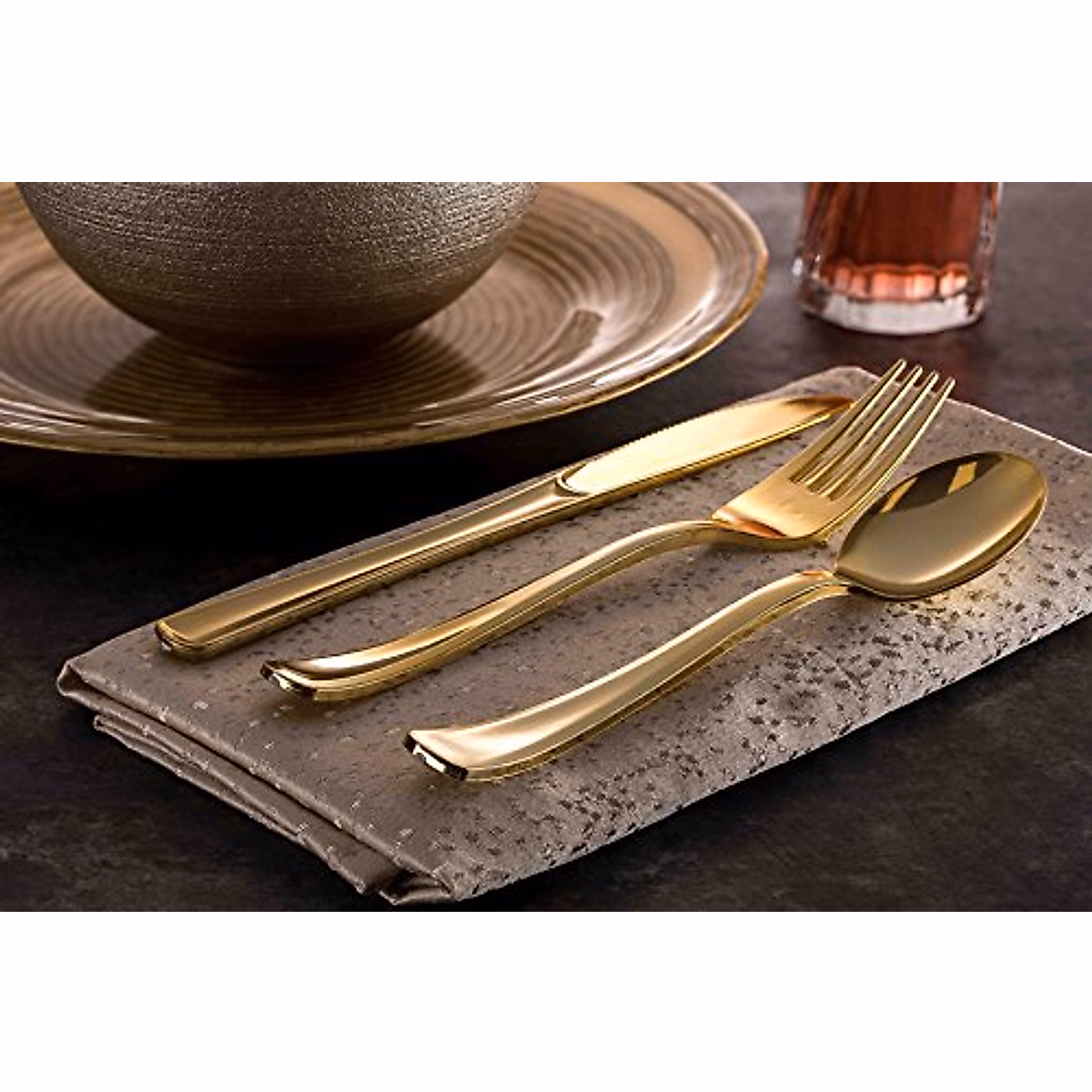 300 Gold Disposable Plastic Flatware Set - 100 Forks, 100 Spoons, 100 Knives - Heavy Duty Silverware for Party Bulk