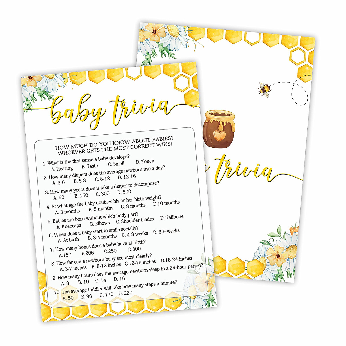 30 Honey Bee Themed Baby Shower Game Cards with an Answer Card, Baby Trivia double sided (5 X 7 inches)-（BABYYX-008）