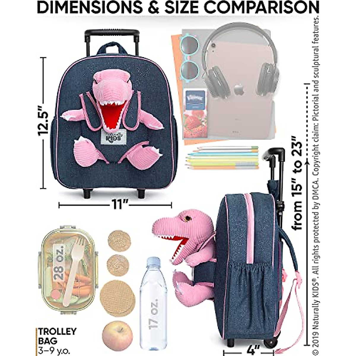 Naturally KIDS Dinosaur Backpack - Dinosaur Toys for Kids 3-5 - Kids Suitcase for Boys Girls w Stuffed Animal - Gifts for 7 Year Old Boy - w Pockets & Reflective Logo - Rolling Backpack w Pink T Rex