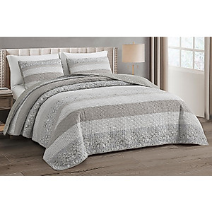 Chezmoi Collection Robyn 3-Piece Neutral Taupe Gray White Floral Hibiscus Flower Patchwork Striped Quilt Set - Pre-Washed Cotton Coverlet - Lightweight Reversible Bedspread, Queen Size