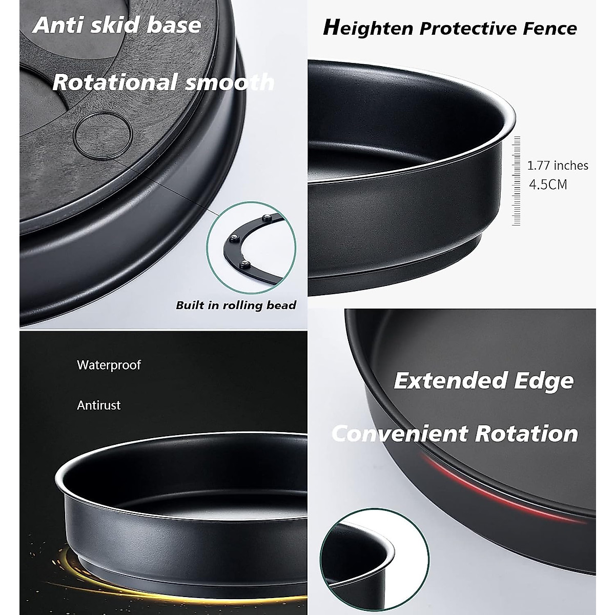 Bwren Lazy Susan Organizer Turntable 360 Degree Rotating Non-Skid Spice Rack Storage Container for Kitchen Cabinet Table Fridge Pantry Seasoning Jar Fruit Snack(Black,7.7 inch) 8 inches BLS002