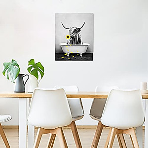LB Highland Cow Canvas Wall Art Decor Western Wild Animal With Yellow Sunflower Artwork Picture Abstract Painting for Bedroom Living Room Bathroom Office Home Decor Framed Ready to Hang, 12x16 Inches