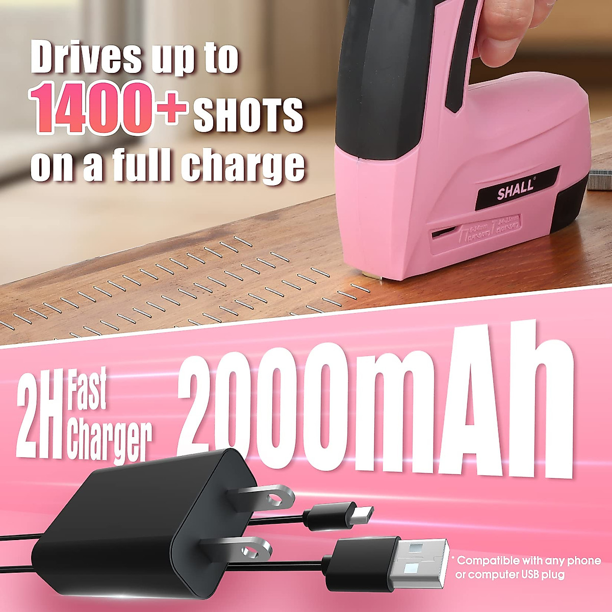 SHALL Pink Electric Staple Gun, 2 in 1 Cordless Upholstery Stapler Nail Gun for Wood, 4V Rechargeable Brad Nailer Kit w/ 2500 Staples Nails, Staple Remover & Fast Charger for Crafts, DIY, Decoration