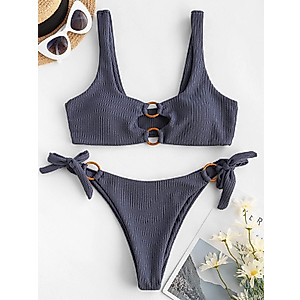 ZAFUL Women's Ribbed Solid O-Ring String Bikini Tie Side Swimsuit Two Pieces Bathing Suit Small